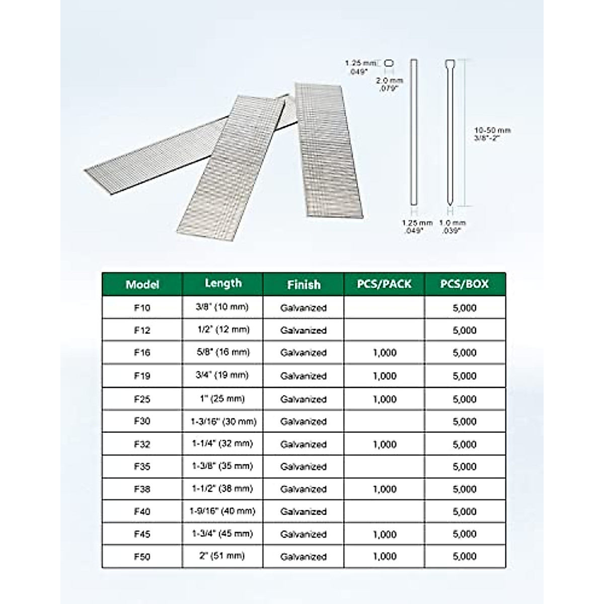 meite F38 18 Gauge 1-1/2 Inch Leg Length Galvanized Brad Nails Ideal for Upholstery, Trims, Molding, Woodworking 5,000 PCS/Box (1 Box)