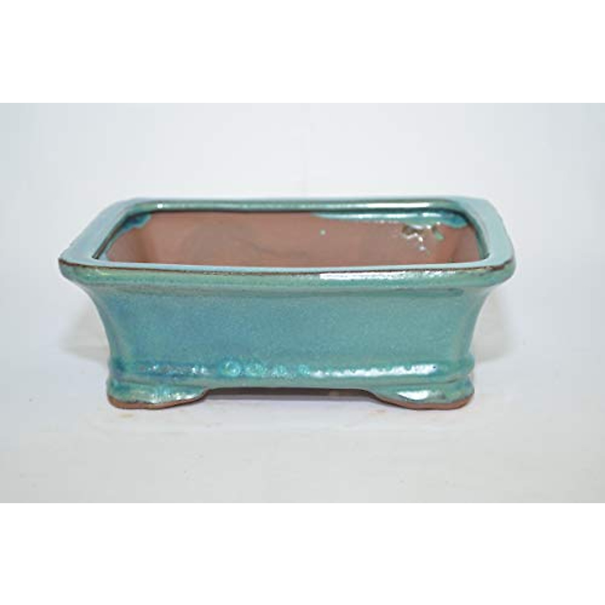 Bonsai Ceramic Pot 7", Green Color, Rectangle Shape, Glazed with draining Holes.