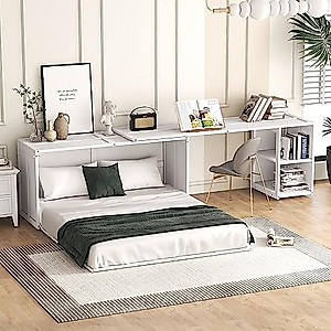 Murphy Cube Queen Cabinet Bed with Rotable Desk and Storage Shelves, Wood Foldable Floor Queen Size Bed Frame for Home Office Studio, White