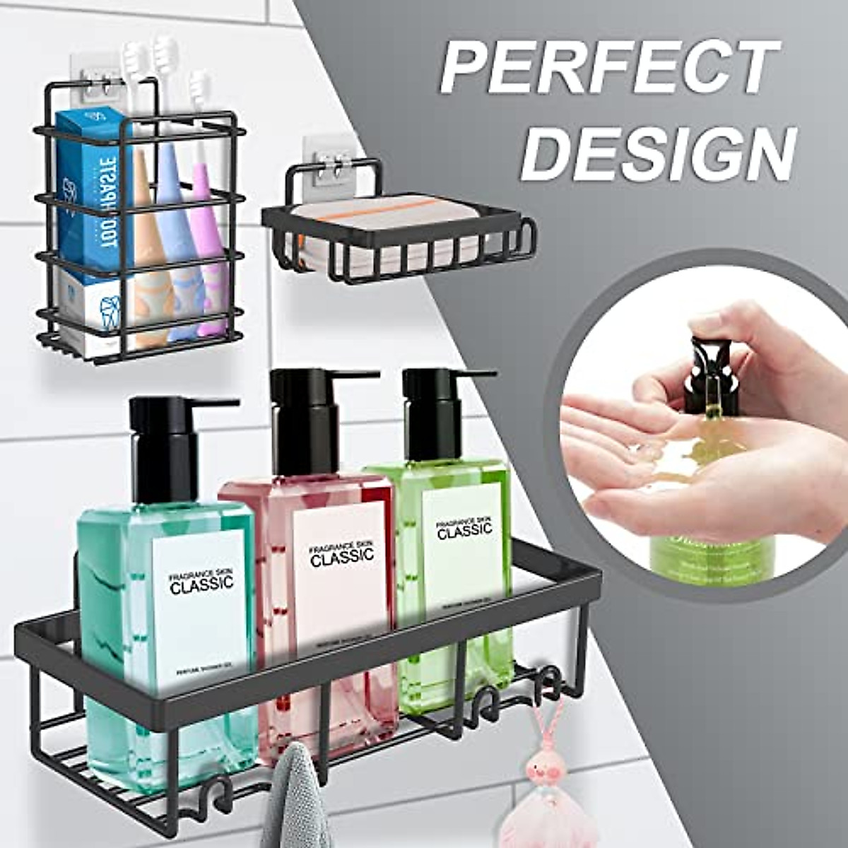 Homarkable Shower Caddy 5-Pack, Self Adhesive Bathroom Shower Organizer, Wall Mounted Bathroom Shower Rack with Soap Holder and ToothBrush Holder, Shower Shelves for Inside Shower, Kitchen (Black)