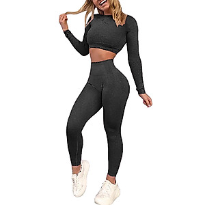 YOFIT Women 2 Piece Outfits Leggings+Long Sleeve Crop Tops Yoga Set Compression Skinny Tights Gym Fitness Pants Exercise Outfits