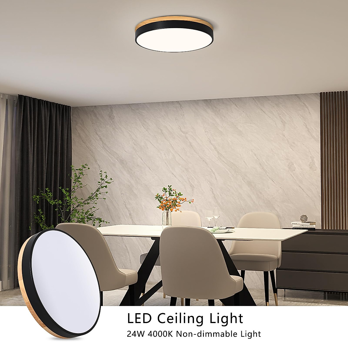 VIOLOEMI Modern Black Ceiling Light, Wood LED Close to Ceiling Lighting Fixtures, Round Flush Mount Ceiling Lamp for Kitchen Bedroom Bathroom Laundry Room Nursery Room Hallway（15.74 Inch）