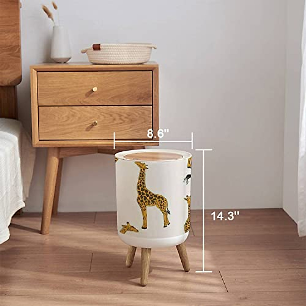 Trash Can with Lid Seamless Giraffe African Animal Nursery Print Wrapping Paper Press Cover Small Garbage Bin Round with Wooden Legs Waste Basket for Bathroom Kitchen Bedroom 7L/1.8 Gallon
