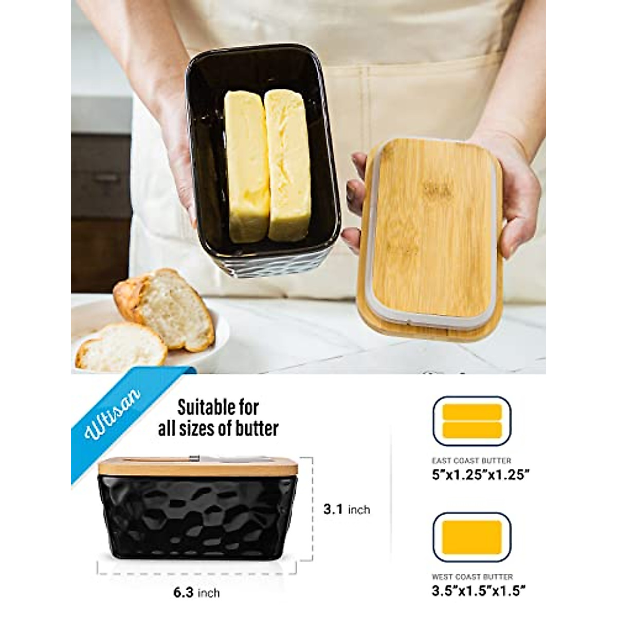 Large Butter Dish with Lid for Countertop Porcelain Butter Container with Knife Double Silicone Seal Butter Dishes with Covers Perfect for West or East Coast Butter, Unique Stone Pattern Black