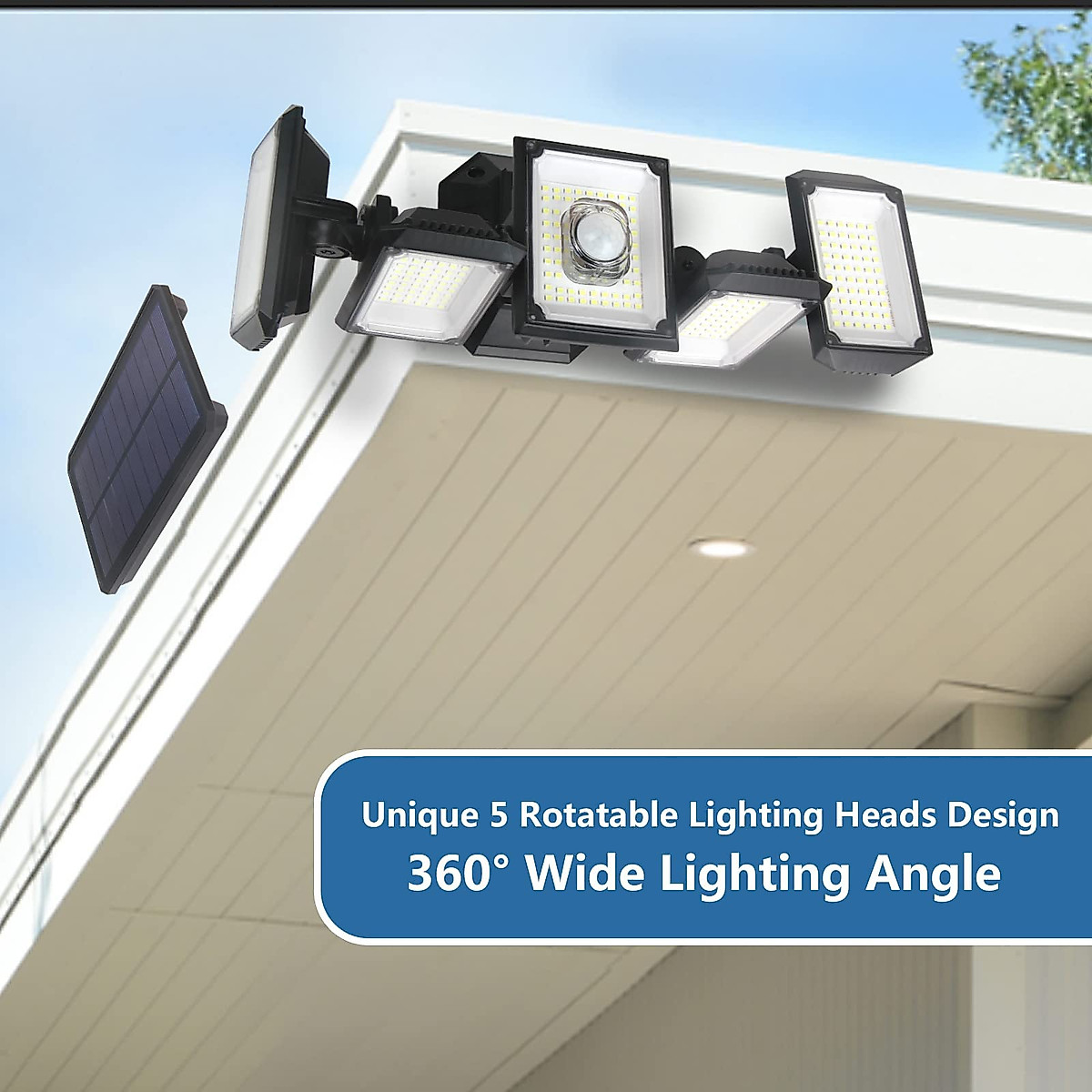 Solar Motion Lights Outdoor Indoor: LED Flood Light with 5 Heads Outside Security Lights Waterproof Solar Powered Light with 4 Lighting Mode - Solar Lighting for Inside House with Remote & Cord