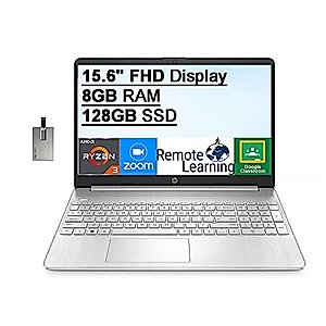 2021 HP 15.6inch FHD Display Laptop puter, AMD Ryzen 3-3250U Processor, 8GB DDR4 RAM, 128GB SSD, Radeon Graphics, HD Webcam, HDMI, Win 10S, Silver, 32GB SnowBell USB Card Natural Silver RAM | SSD