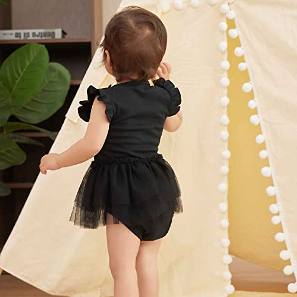 ROMPERINBOX Baby Girl Ruffle Dress Bodysuit Black Summer Newborn Infant Tulle Romper Dresses 0-24 Months (3-6 Months)