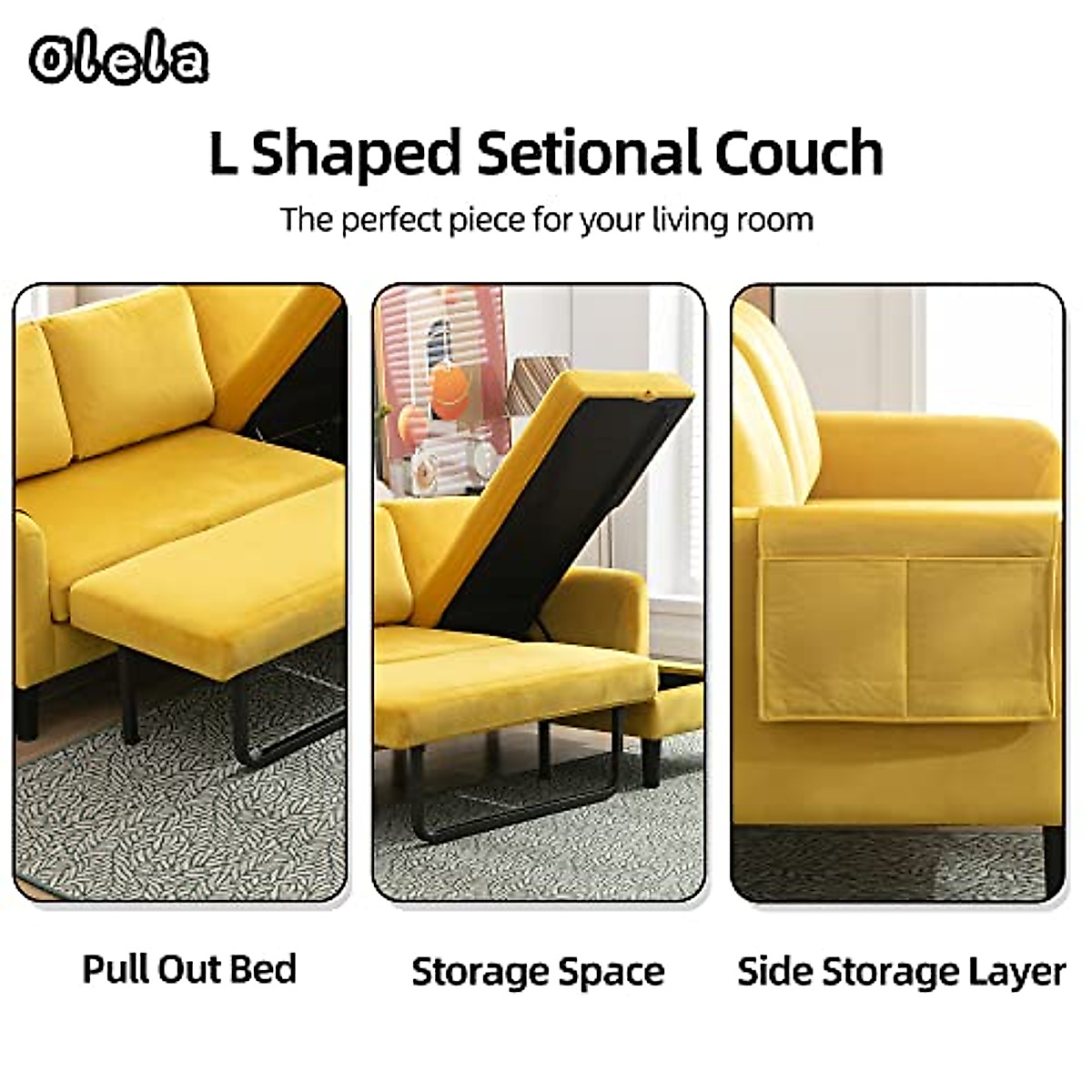 Olela Pull Out Sleeper Sofa Couch,Velvet Convertible Sofa Bed L Shape Sectional Sofa with Storage Chaise and Pocket for Living Room (Mustard)
