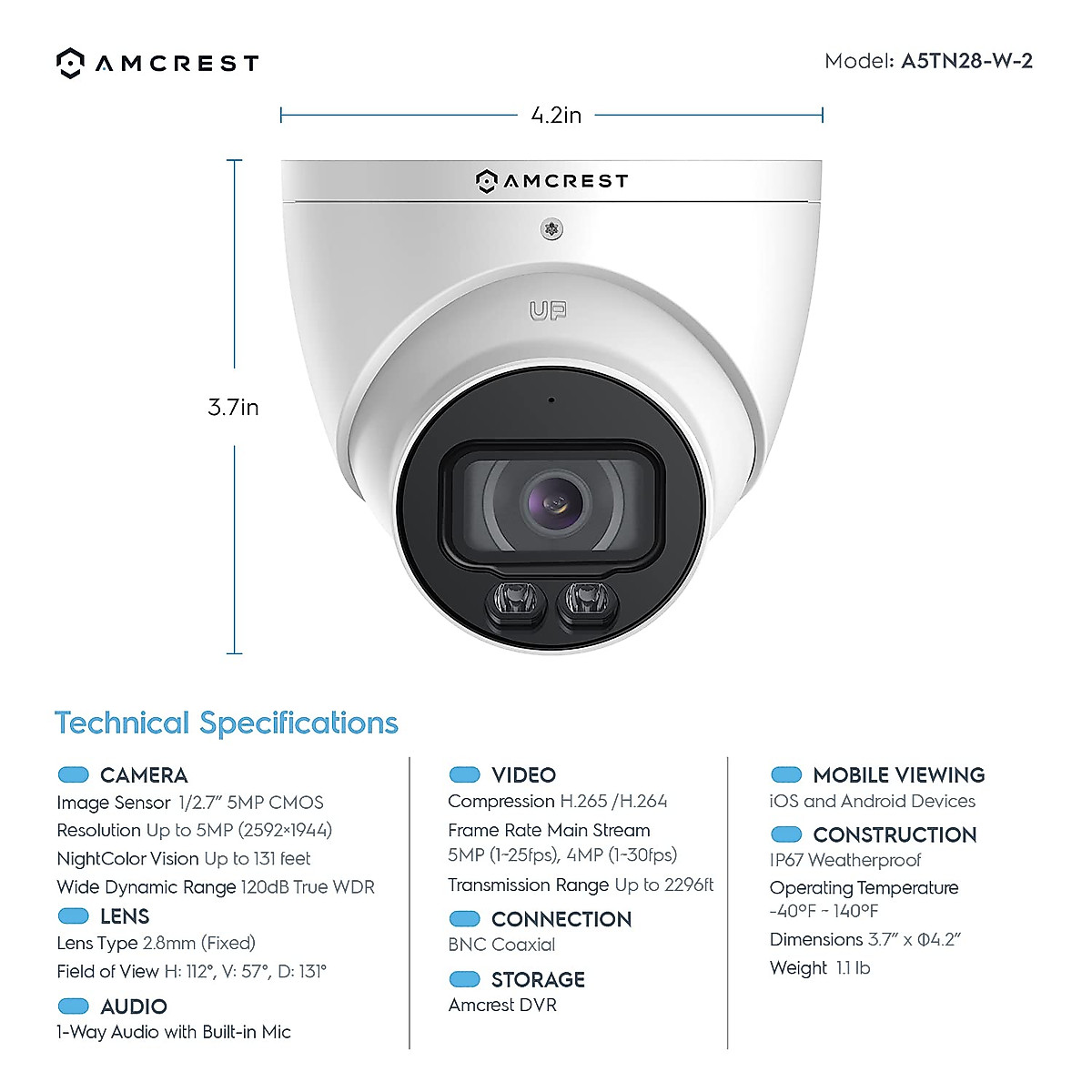 Amcrest Analog 5MP NightColor Outdoor Security Camera, Turret 5MP @ 25fps, CCTV-Coax-BNC, 131ft Full Color Night Vision, Mic, 112° FOV (Not an IP Camera) (DVR Required, Not Included) (AT5N28-W)