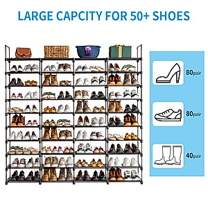 10-Tier Tall Shoe Rack - Free Standing Shoe Shelf Organizer - Large Metal Closet Organizers and Storage Shelves - Stackable Shoe Stand with Hooks for Bedroom Entryway - Holds 80 Pairs of Shoes - Black