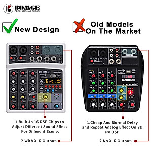 BOMGE 4 Channel dj Bluetooth Audio Mini Mixer with Effects, USB Interface, Stereo Recording, 48V Phantom Power for PC,phone(White)