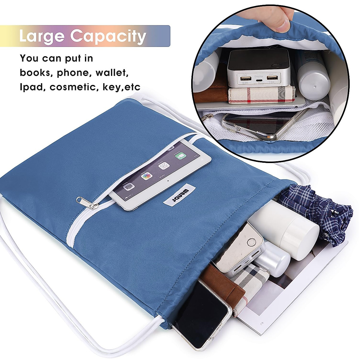 WANDF Drawstring Backpack String Bag Sackpack Cinch Water Resistant Nylon for Sport Yoga Gym Shopping (Dark Blue)