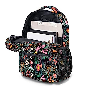 Black Flowers Backpack for Girls - Colorful Floral School Backpacks Wildflowers Plants Bookbag Spring Botanical Foliage Rucksack Seasonal Herb Leaves Daypack Travel Bag