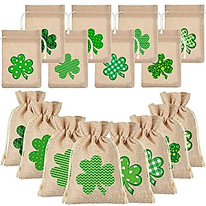 32 Pieces St Patricks Day Bags, St. Patricks Drawstring Bag, Shamrock Burlap Bags, St Patricks Day Goodie Bag Clovers Burlap Gift Bags Linen Treat Bags for Kids Irish Party Favors Supply
