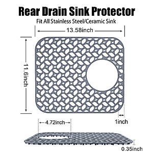 Silicone Kitchen Sink Mat MOSTWOGO-2 Pack Sink Protector for Bottom Kitchen Sink Stainless Steel,No-Slip Scratch-Resistant Sink Grid Grate Accessories(Rear Drain,Grey,13.58'' x 11.6'')