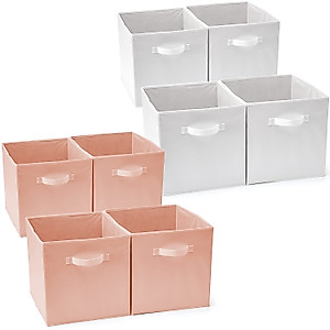 EZOWare Set of 8 Fabric Basket Bins, 13 x 15 x 13 inch Collapsible Organizer Storage Cube with Handles for Home, Bedroom, Baby Nursery, Kids Playroom Toys - ( White + Pink )