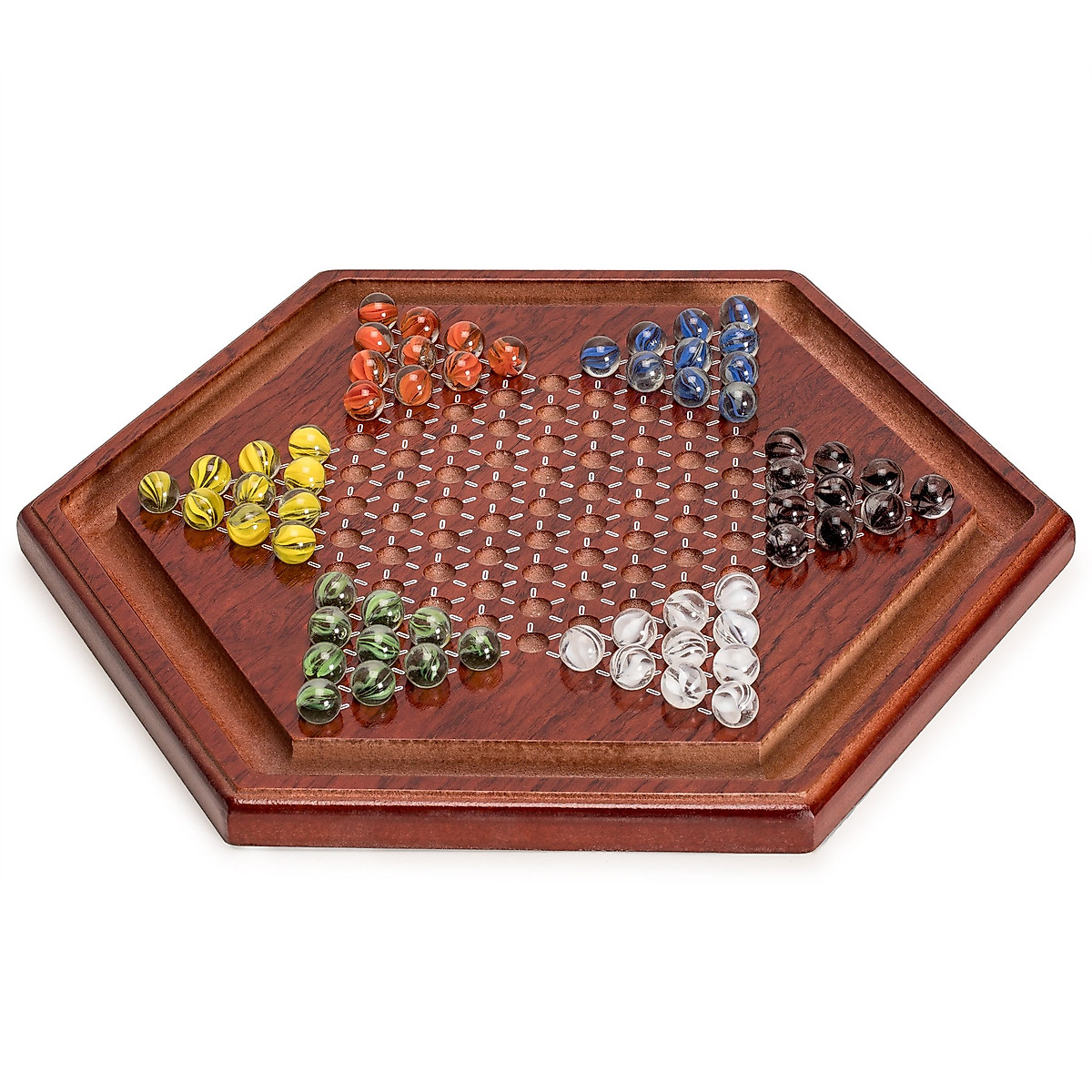 Yellow Mountain Imports Wooden Chinese Checkers Halma Board Game Set - 13.6-Inch - with 60 Colored Petal-Style Glass Marbles (16-Millimeter) - Classic Strategy Game