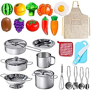 POPUTOY 28Pcs Pretend Play Kitchen Toys, Kitchen Playset Cooking Toys Set with Stainless Steel Cookware and Accessories for Kids Toddlers Girls Boys
