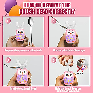 AUITRONCARE Kids Toothbrush Electric, Toddler Electric Toothbrush Ultrasonic Toothbrush 360° Cleaning U Shaped Toothbrush Come with 3 Brushing Heads and Cup for Toddlers & Children (Owl-Pink)