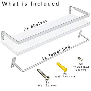 Peter's Goods Modern Floating Shelves with Rail - Wall Mounted Bathroom Wall Shelves with Towel Bar - Also Perfect for Bedroom Decor and Kitchen Storage - Solid Pine Wood Shelf Set of 2 (White)