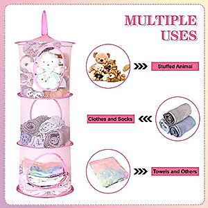 Fuyamp 2Pcs Stuffed Animal Storage Hanging Mesh Stuffed Animal Net or Hammock Foldable Stuffed Animal Organizer Net or Hammock 3 Compartments Toy Storage Basket for Kids Girls Room Bathroom (Pink)