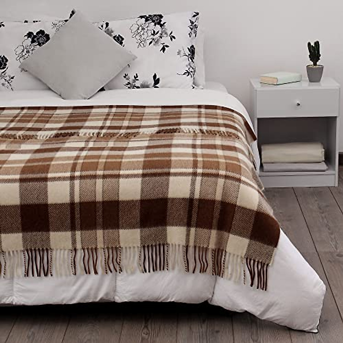Scottish Dusk - Alpaca Throw Blanket Handwoven Soft Warm Camel/Ivory/Brown Plaid Design 76" x 68"