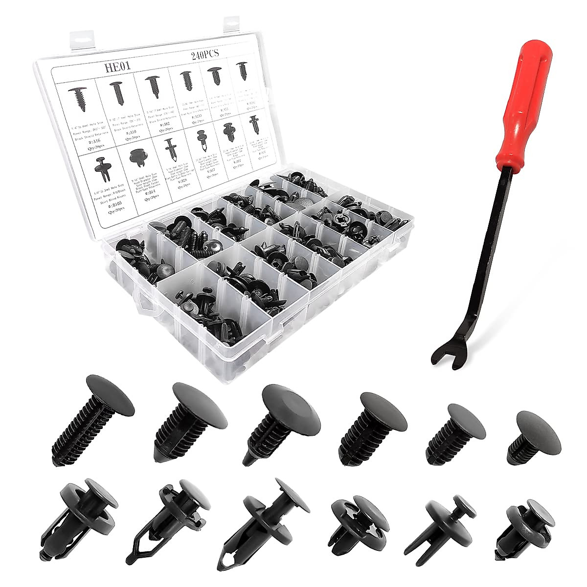 240 PCS Bumper Retainer Clip Kit for Car, Car Plastic Rivets Fastener Push Retainer Set Including Most Common Sizes Auto Push Rivets for Door Trim Panel Most Cars, with Remover Tool （240）