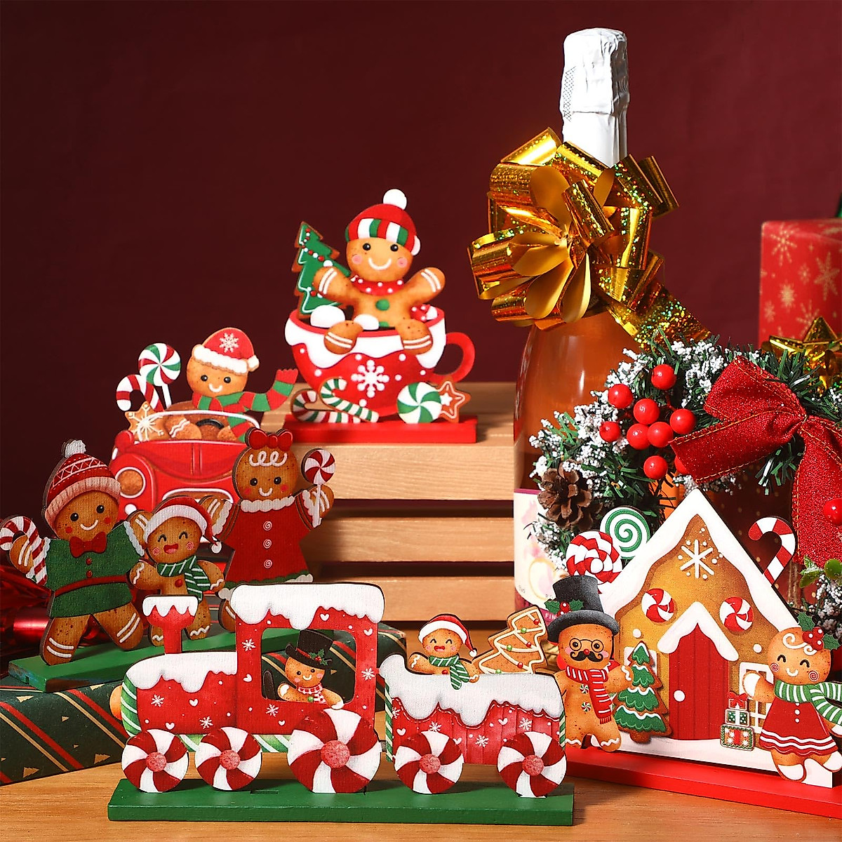 Blulu 5 Pcs Christmas Gingerbread Man Ornament Xmas Wood Gingerbread Man Signs Christmas Tiered Tray Wooden Decorations Gingerbread Candy Table Centerpiece for Home Farmhouse Office Tabletop Decor