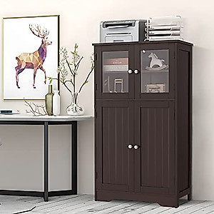 Iwell Bathroom Storage Cabinet, Linen Cabinet with Glass Doors & Adjustable Shelf, Freestanding Storage Organizer for Living Room, Home Office, Bathroom, Brown