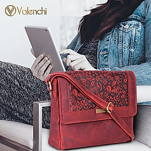 Genuine Leather Crossbody handbag with Elegant flower embossing on Leather-Classic Design (Red Vintage)