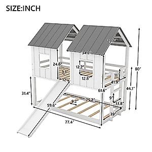 Polibi Twin-Over-Twin Wooden House Bunk Bed with Slide, Windows, Ladder and Guardrails, Twin Size White House Bunk Bed