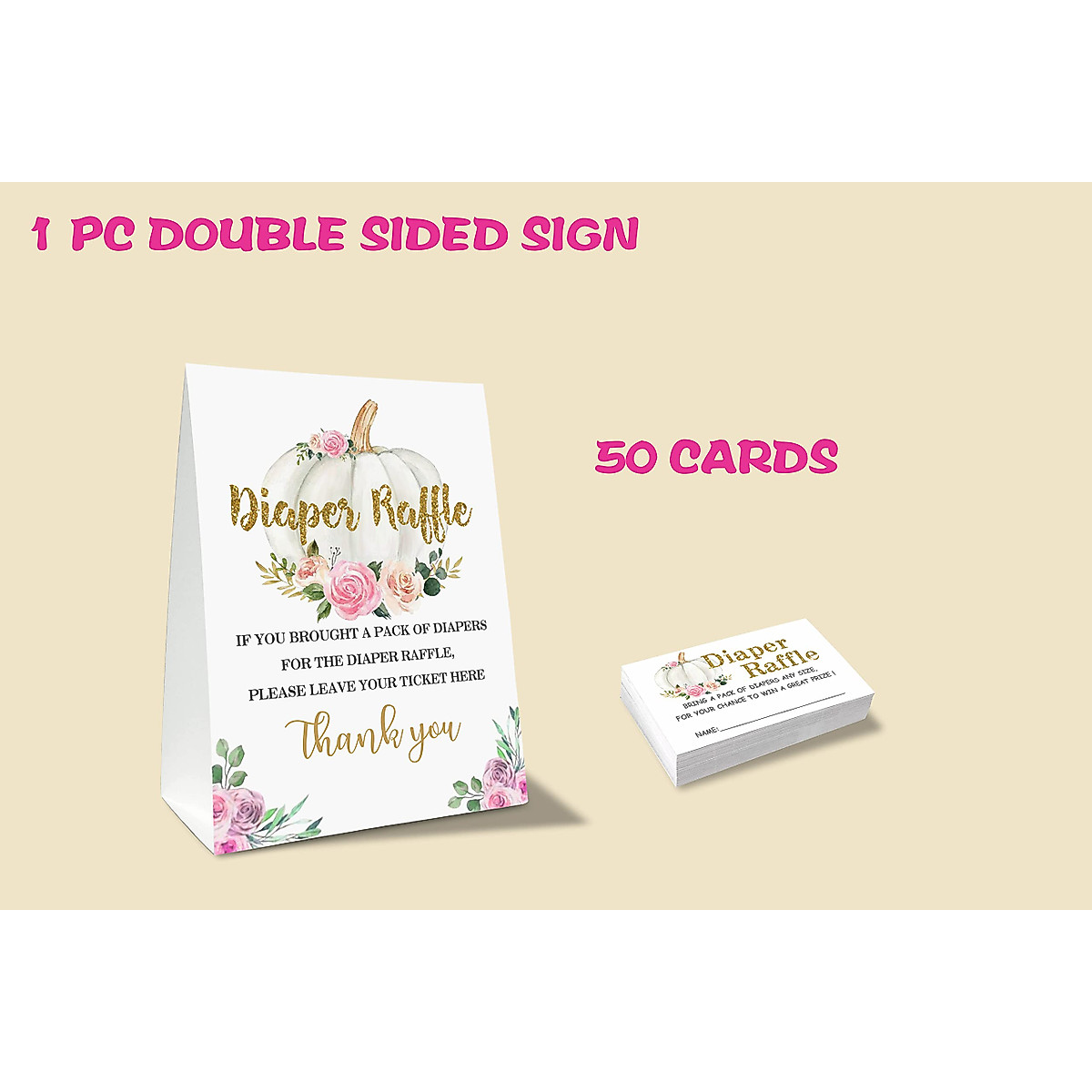 Yuansail Diaper Raffle Tickets For Baby Shower, Pumpkin Floral Themed Cards, Party Favors For Baby Showers Game Cards, 1 Sign & 50 Cards Per Pack – (011-niaobu)