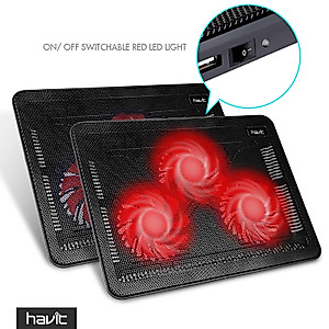 Havit HV-F2056 15.6-17 Inch Laptop Cooler Cooling Pad - Slim Portable USB Powered (3 Fans) (Black+Red)