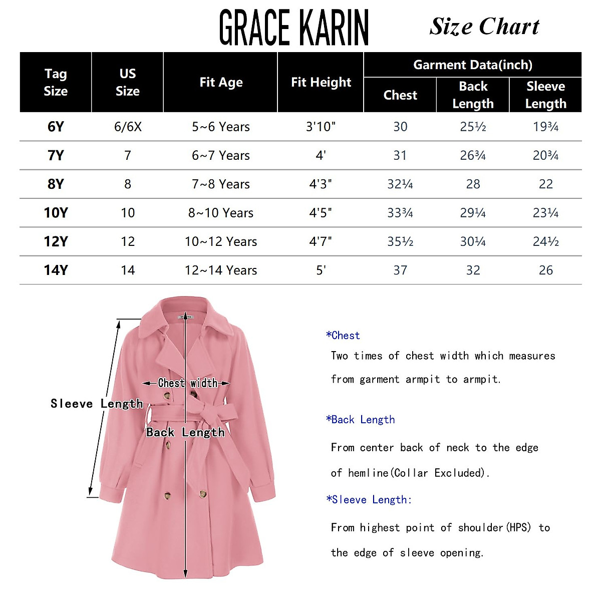 GRACE KARIN Girls Wool Blend Pea Coat Lapel Dress Coat Jackets with Pockets Belt Pink 12Y