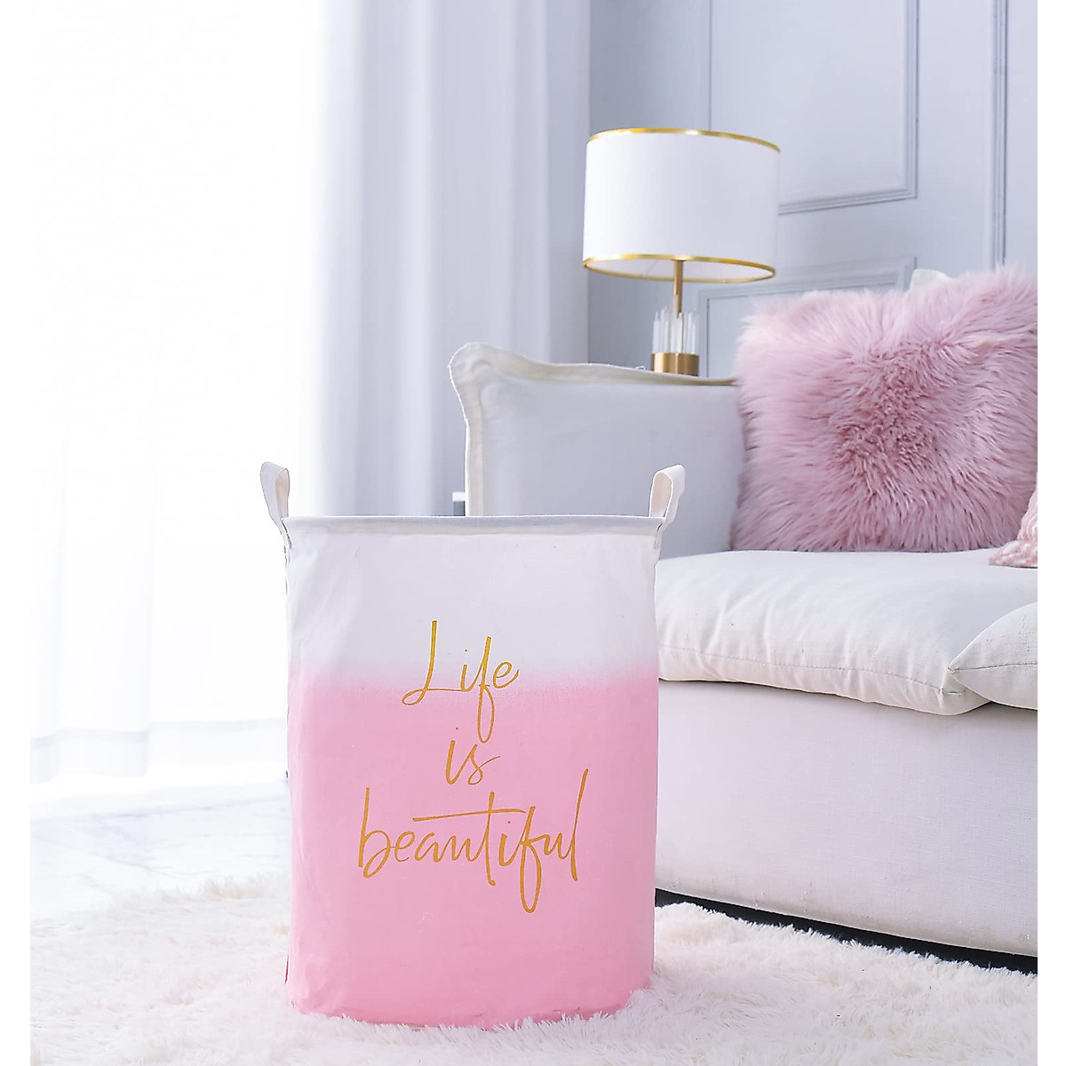 PFONB Pink Girls Laundry Hamper,19.7" X-Large Laundry Basket collapsible Waterproof Sturdy Thicken Canvas Kids Nursery Baby Clothes Basket (Life Pink)