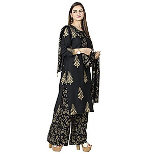 Chandrakala Gold Foil Printed Kurti Palazzo Set for Women Rayon Indian Ethnic Tunic,Small (K176BLA1)