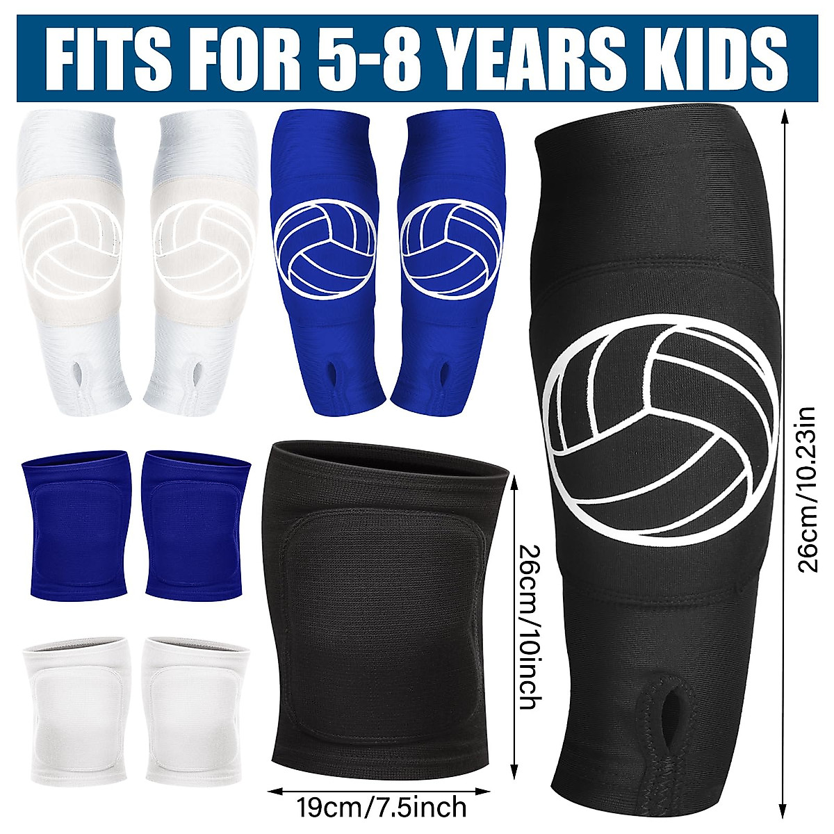 Sosation 3 Set Volleyball Arm Sleeves and Knee Pads for Kids Soft Forearm Sleeves with Protection Pad Thumbhole Volleyball Accessories for Training Youth Girls Boys 5-8 Years Old (Black, Blue, White)