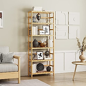 Bamjoy Over The Toilet Storage Shelf - Bamboo 6 Tier Tall Storage Shelf Home Office Bookshelf Bookcase Bathroom Shelf Bathroom Organizer Space Saver Bundle