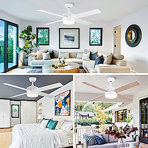 SNJ White Ceiling Fan with Light, 52" Ceiling Fans with Lights and Remote, Ceiling Fan for Indoor Bedroom, Dimmable, Quiet DC Motor, 4 Wooden Blades