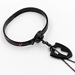 Stainless Black Heart Lock Bangle Heartbeat Line CZ Pave Cross Cuff Bracelet with Shield Key Pendant Necklace Couples Set (Heart, Black)