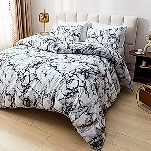 Smoofy Queen Marble White Comforter Set, White Marble Pattern Printed Soft Fabric with Brushed Microfiber Full Bed Sheets Fill Bedding Sets(1 Comforter, 2 Pillowcases)