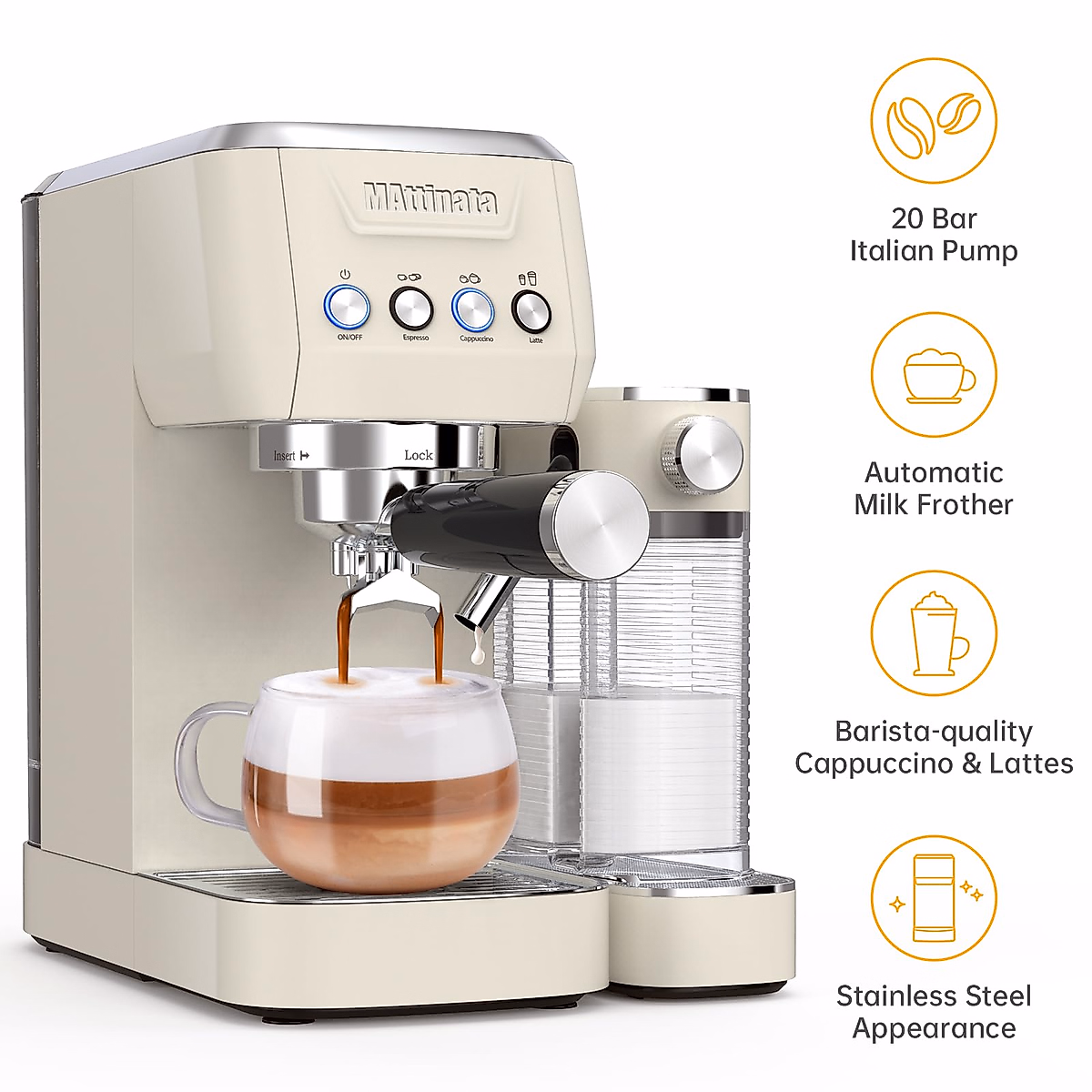 MAttinata Espresso Machine 20 Bar, Cappuccino Machine for Home with 2.0 Long Life Automatic Milk Tank, Espresso Maker with Milk Frother, Coffee Maker Present, Stainless Steel-Mattino Creamy Love