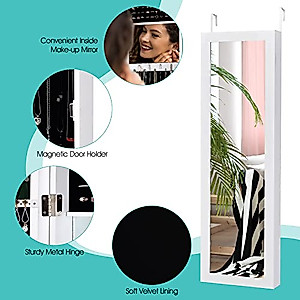 COSTWAY Full Length Mirror Jewelry Cabinet, Wall Door Mounted Jewelry Organizer w/Makeup Mirror, Ring Slots & Necklace Hooks, Large Storage Jewelry Armoire for Bedroom, Dressing Room (White)