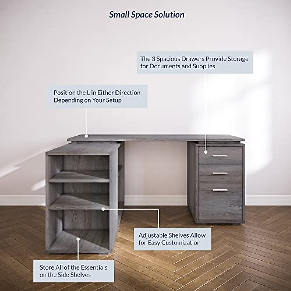 BELLEZE L Shaped Computer Desk, 60” Study Writing Table Home Office Desk Morden Corner Workstation Setup with Adjustable Storage Shelves and 3 Drawers, Gray Wash