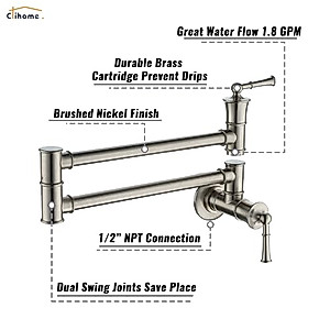 Double Handles Folding Pot Filler Kitchen Faucet with 360 Degrees Swing Arm Single Hole Brass Wall Mount Pot Filler Facuet Dual Joints Brushed Nickel