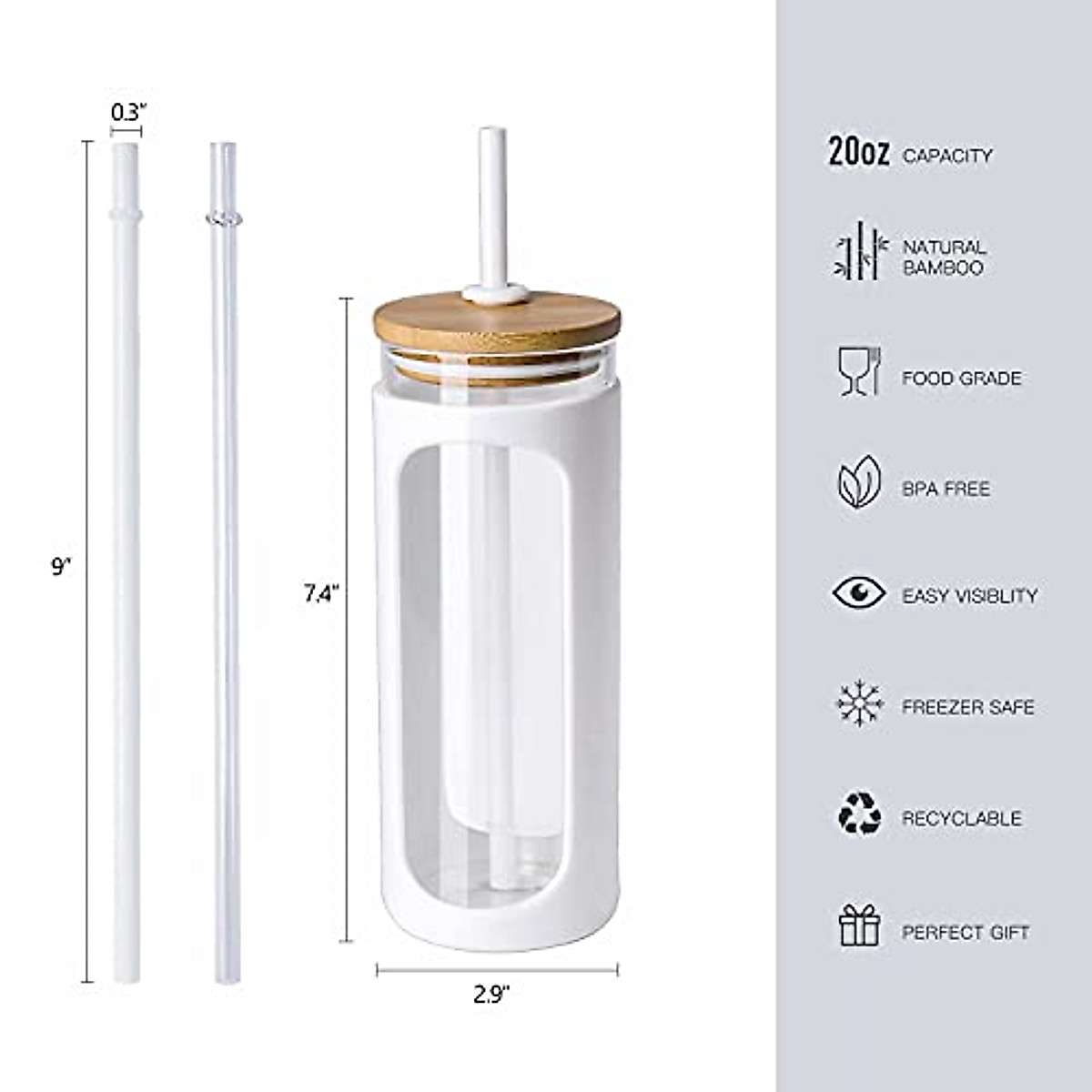 Kodrine 20oz Glass Water Tumbler with Straw and Lid,Bamboo Lids Water Bottle, Iced Coffee Cup Reusable, Wide Mouth Smoothie Cups, Straw Silicone Protective Sleeve BPA FREE-White