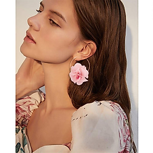 DAMLENG Lightweight Bohemian Big Fabric Flowers Dangle Drop Earrings Handmade Charm Chic Petal Hoop Earrings with Chiffon Floral Tassel for Women Vacation Wedding (Pink)