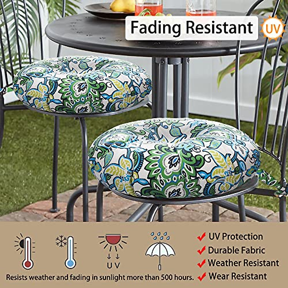Indoor/Outdoor Seat Cushions All Weather Patio Chair Pads with Ties, Comfortable Round Bistro Chair Cushions for Home Office and Garden Furniture Decoration 15"x15"x4", 2 Pack, Floral Blue Green