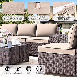 RTDTD Outdoor Patio Furniture Set, 6 Pieces Outdoor Furniture All Weather Patio Sectional Sofa PE Wicker Modular Conversation Sets with Coffee Table,5 Chairs & Seat Clips(Brown)