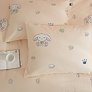 STACYPIK Girl Duvet Cover Twin Cup Rabbit Print Kawaii Soft Bedding Duvet Cover Set-Solid Pale Pink 100% Cotton Comforter Cover Bedding Collections Cute Animal for Kids Teen Women with Zipper Ties